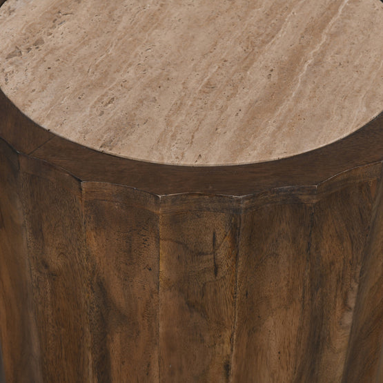 Avanti 45cm Travertine Top Round Side Table - Walnut | Interior Secrets